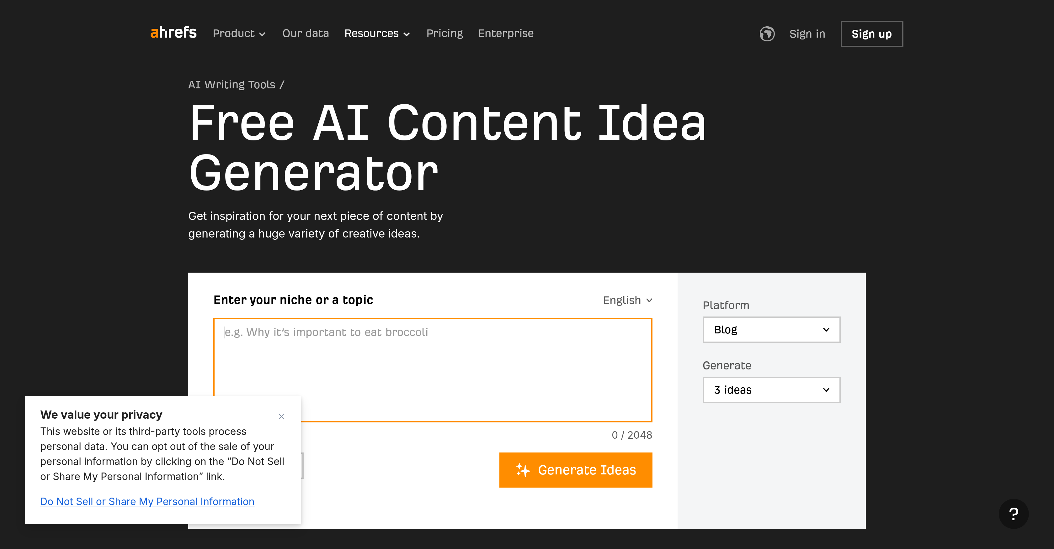 Ahrefs AI Content Idea Generator - AI Tool For Content ideas