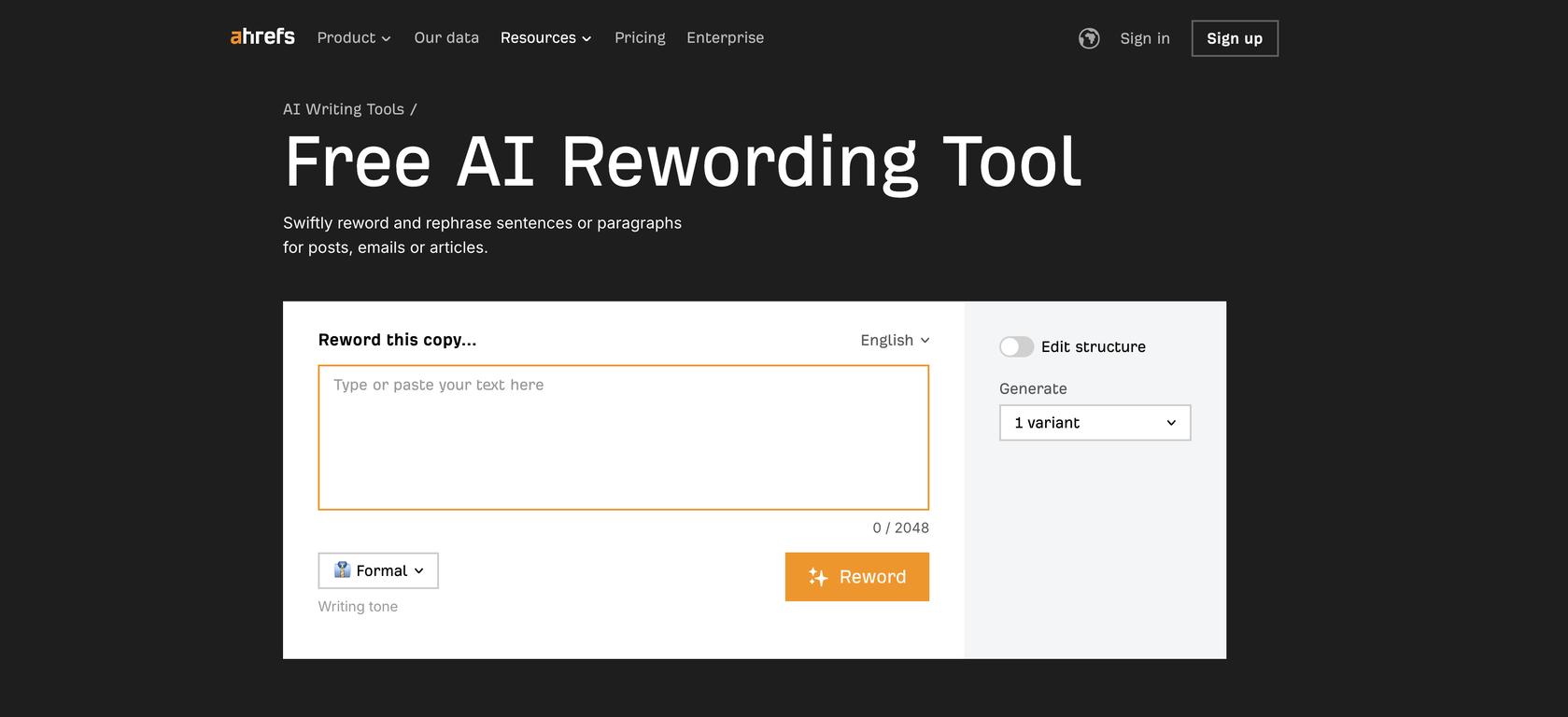 Ahrefs AI Rewording Tool - AI Tool For Text rewriting