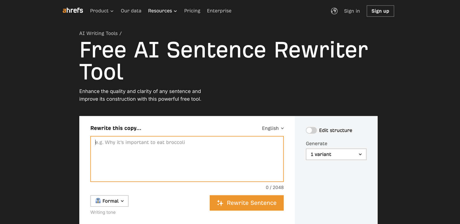 Ahrefs AI Sentence Rewriter Tool - AI Tool For Text rewriting