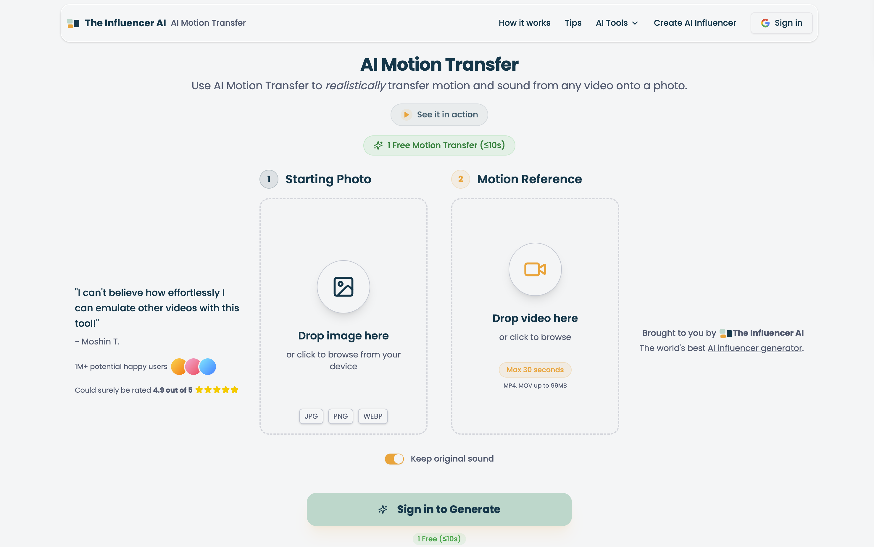 AI Motion Transfer by The Influencer AI - AI Tool For Image to Video