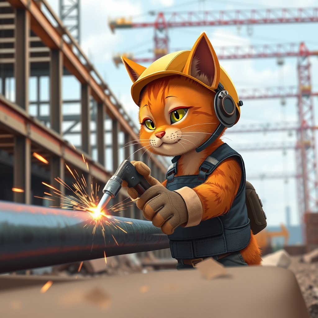 An orange cat welding a steel pipe next to a semi-constructed building ...