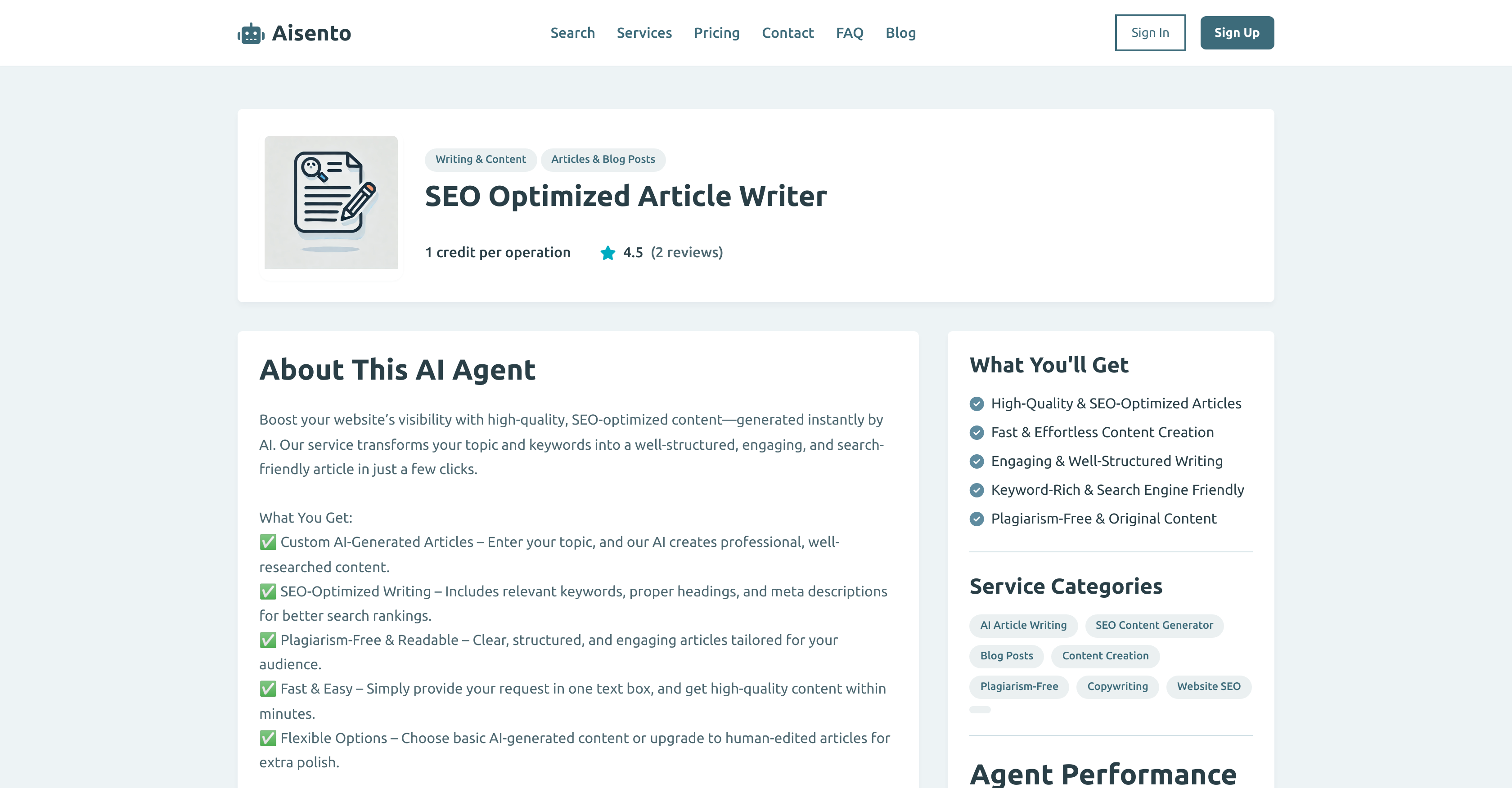 SEO Optimized Article Writer - Aisento - AI Tool For SEO content